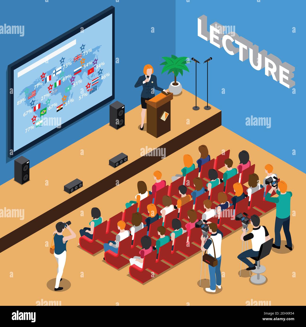 Lecture isometric composition with orator near tribune, people in ...