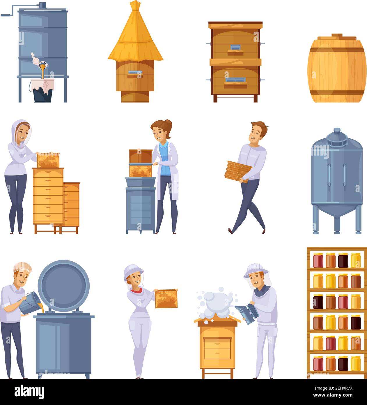 Apiary production cartoon icons set with beekeepers beehives honeycomb ...