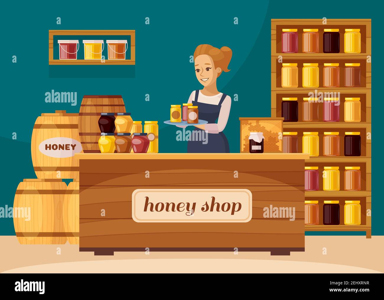Beekeepers apiary shop interior with honeycombs and shelves of jarred ...