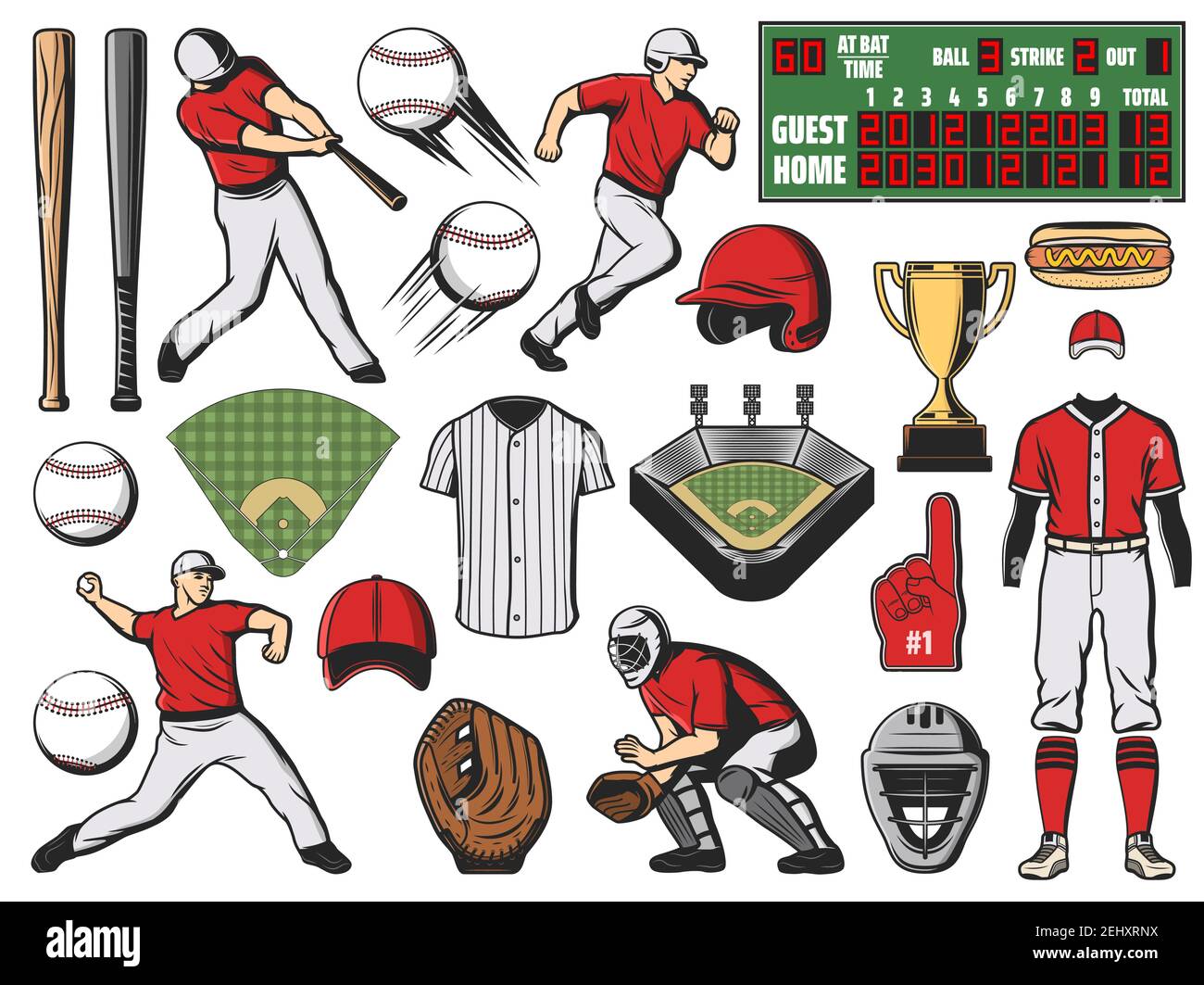 Baseball sport team players and softball game items. Bats, balls and ...