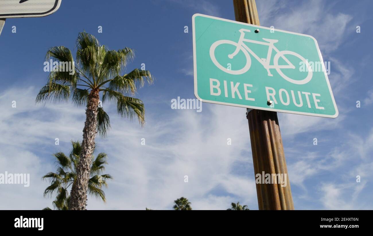 Bike Route green road sign in California, USA. Bicycle lane singpost ...