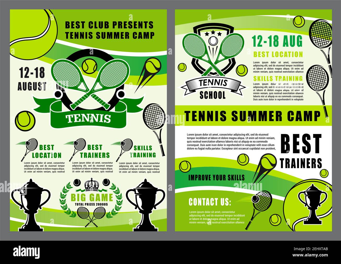 Tennis summer camp tournament or sport training school posters. Vector ...