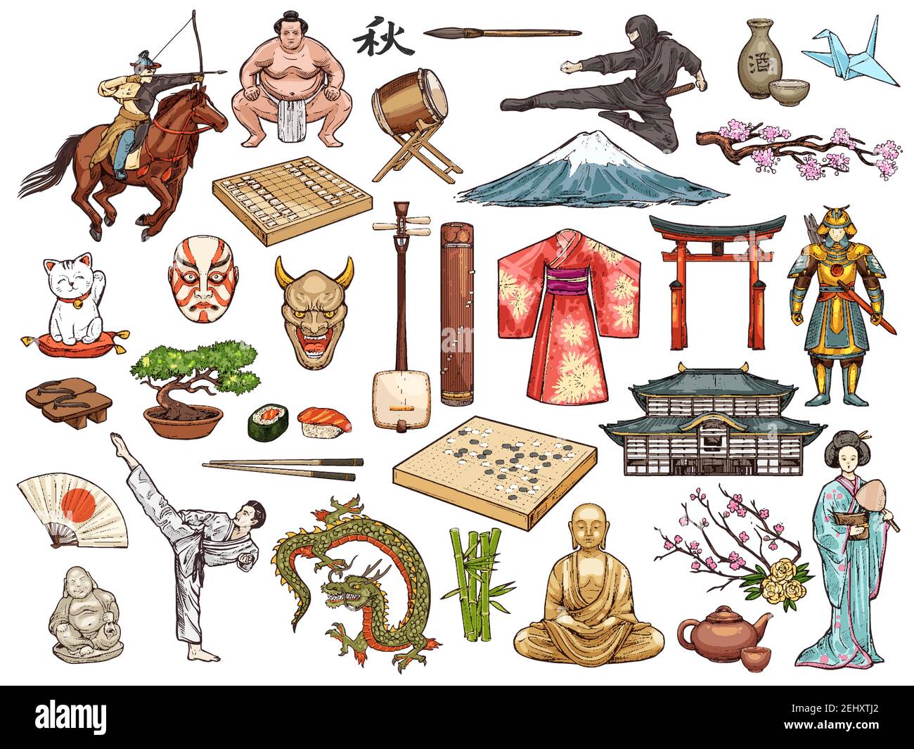 Japanese religion, culture and traditions vector isolated icons. Sushi ...