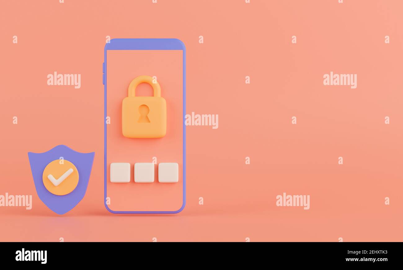 3d rendering concept security system in smartphone. Mobile phone with ...