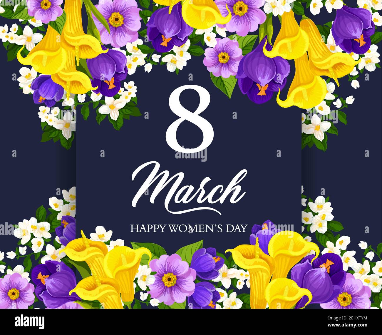 8 March Women Day greeting card with spring flower border. Festive ...