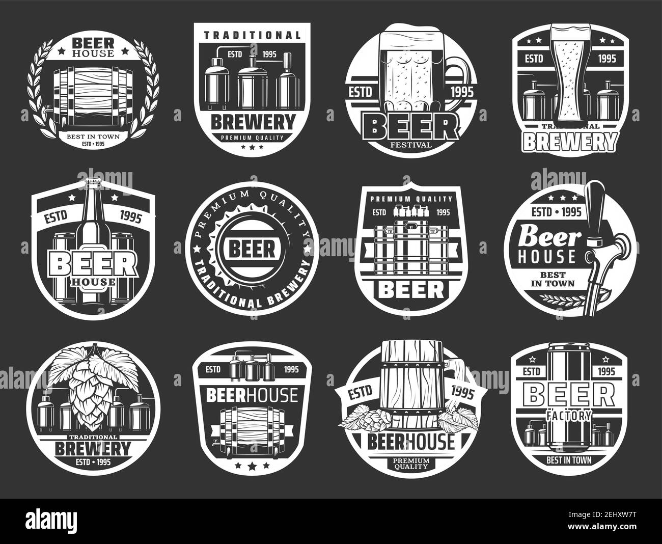Beer brewery pub and bar icons of craft pint mugs and bottles with hop ...