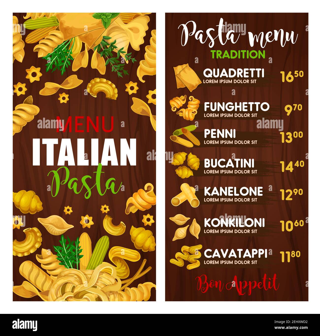 Italian pasta menu, cuisine of Italy. Vector quadretti and funghetto ...