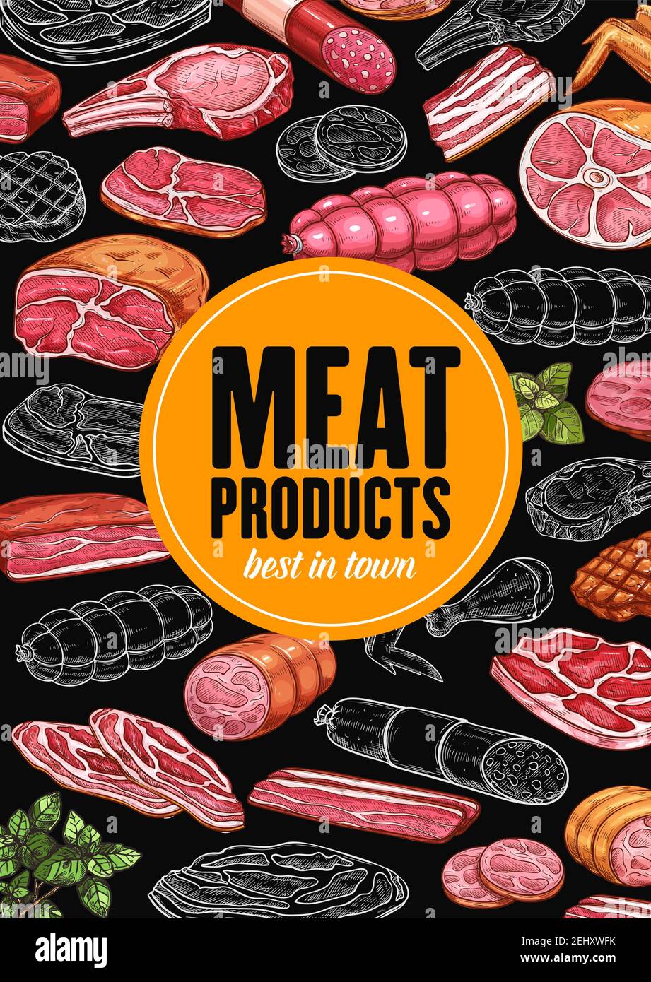 Sausages and meat, butchery products chalk sketches and raw food ...