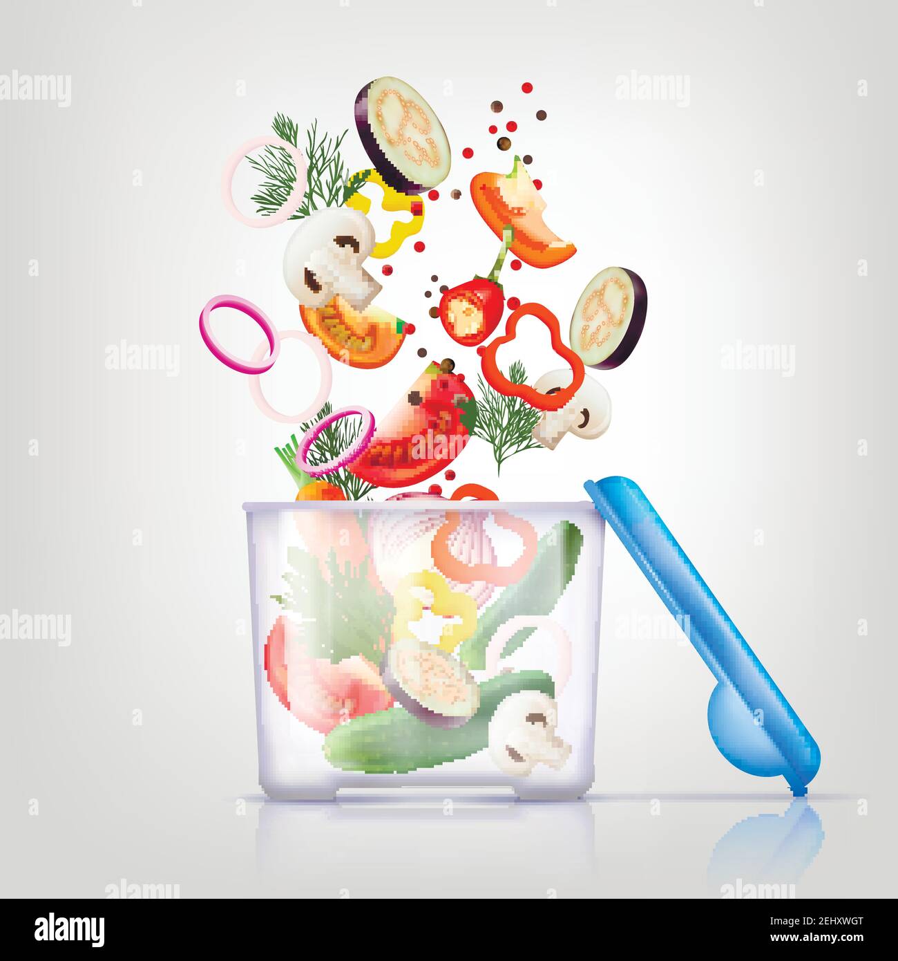 Colored and isolated plastic food containers and vegetables realistic ...