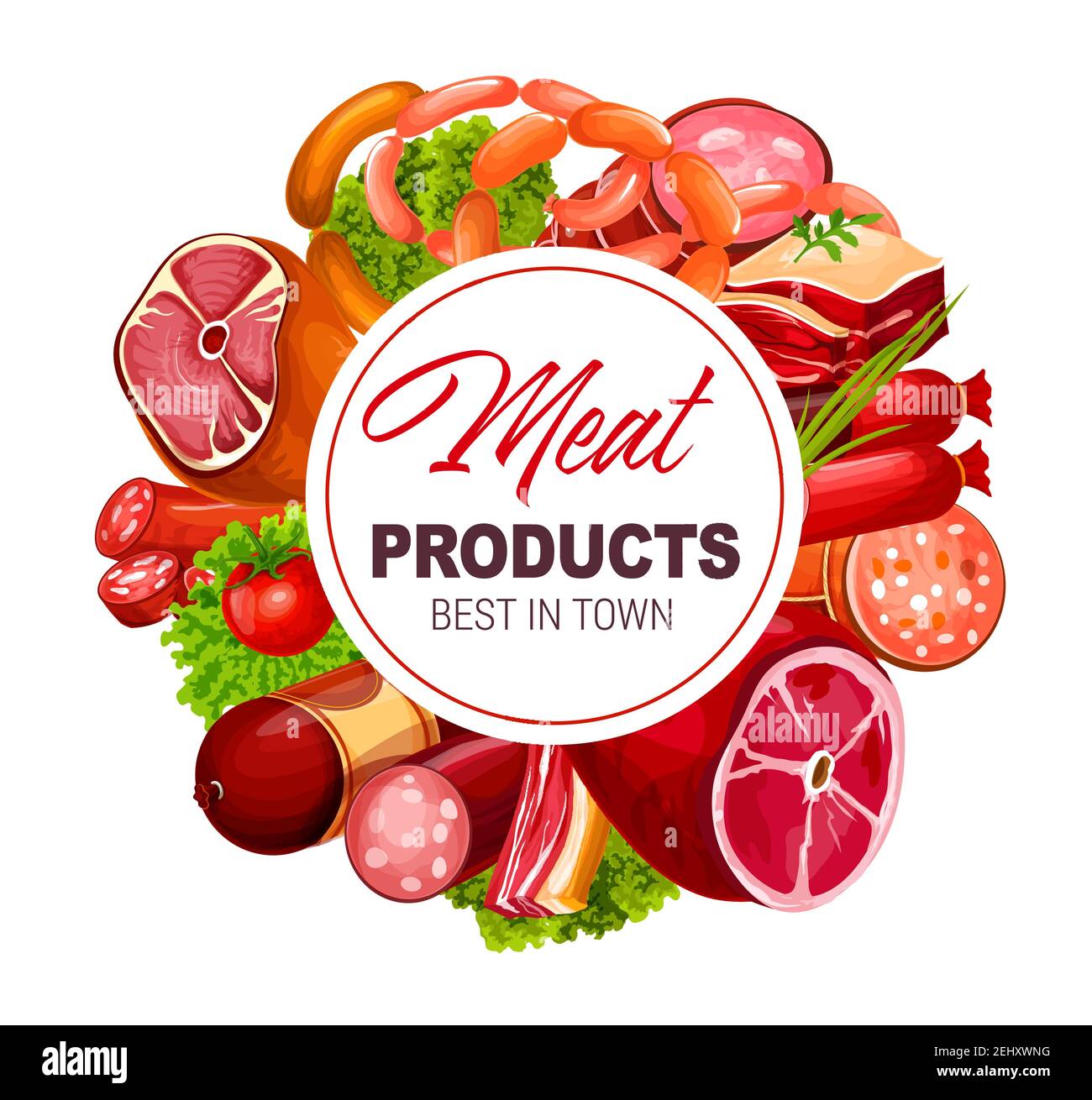Sausages and meat products poster. Vector butchery grocery food of pork ...
