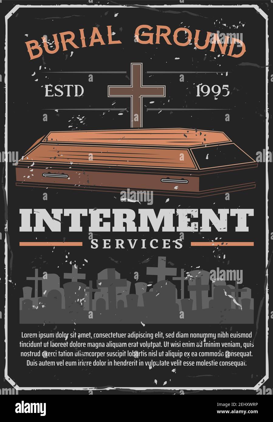 Interment service, funeral ceremony, coffin and cemetery. Vector burial ground, gravestones and ...