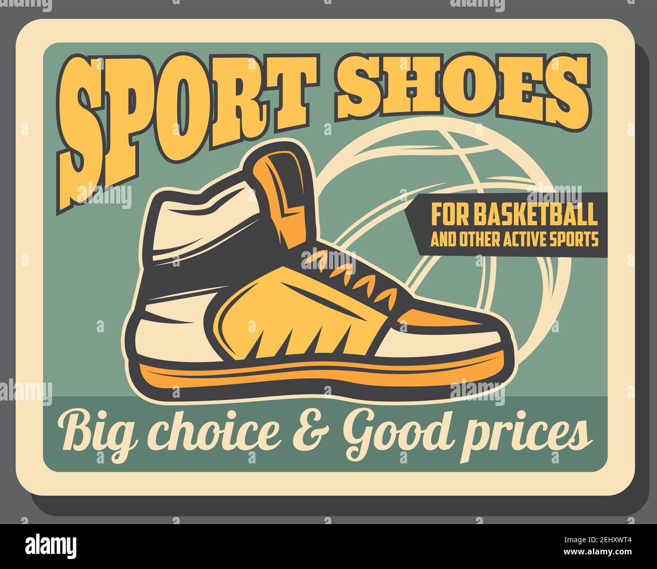 Basketball sportswear shop retro vector poster, sport sneaker shoes ...