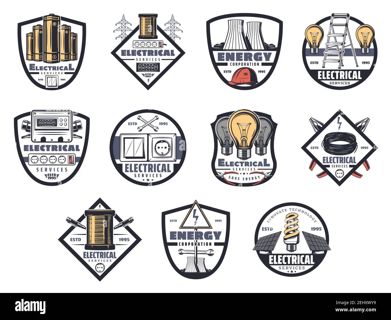 Energy and power plants, energetics icons. Vector electricity industry ...