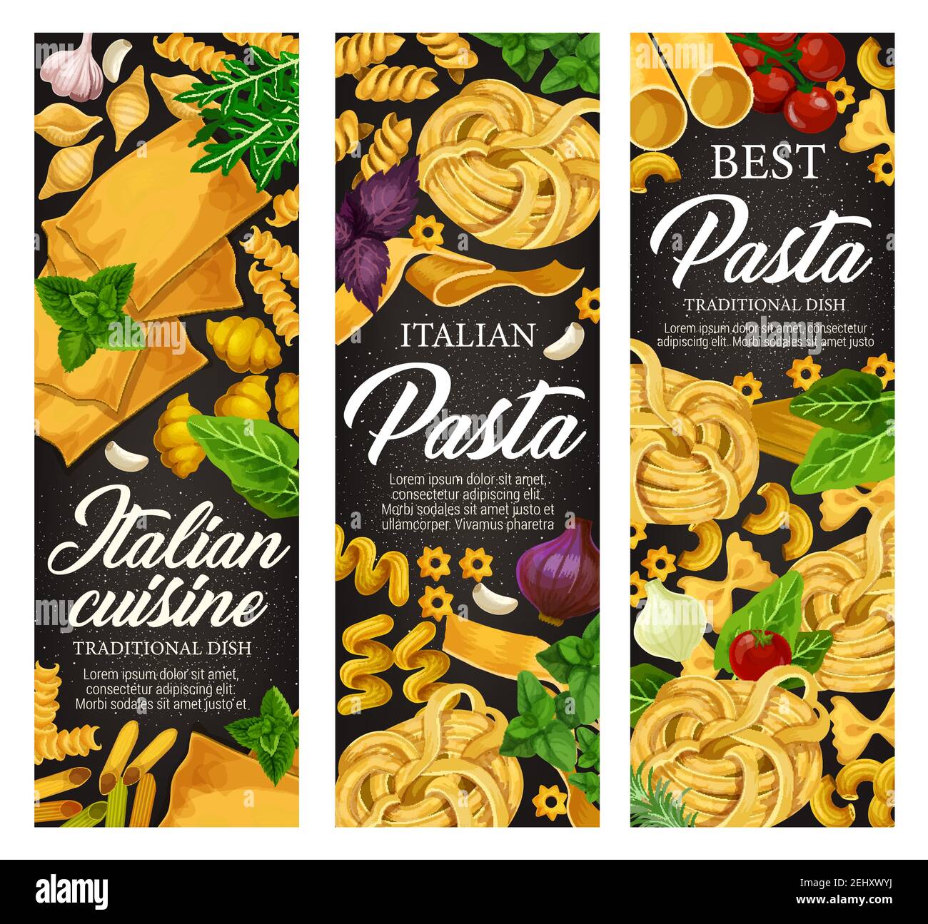Pasta with seasonings, vector menu banners. Farfalle and fusilli ...