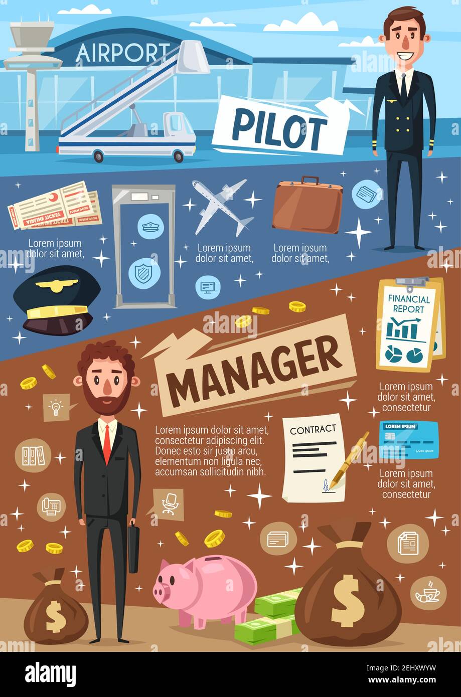 Pilot and business manager profession. Vector aviation and commerce ...