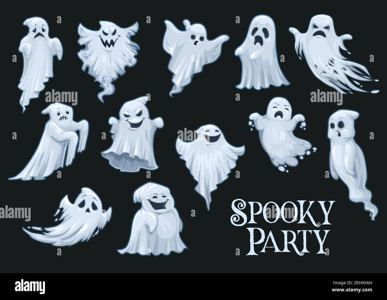 Ghosts of Halloween holiday with emotional faces. Monsters or beasts ...