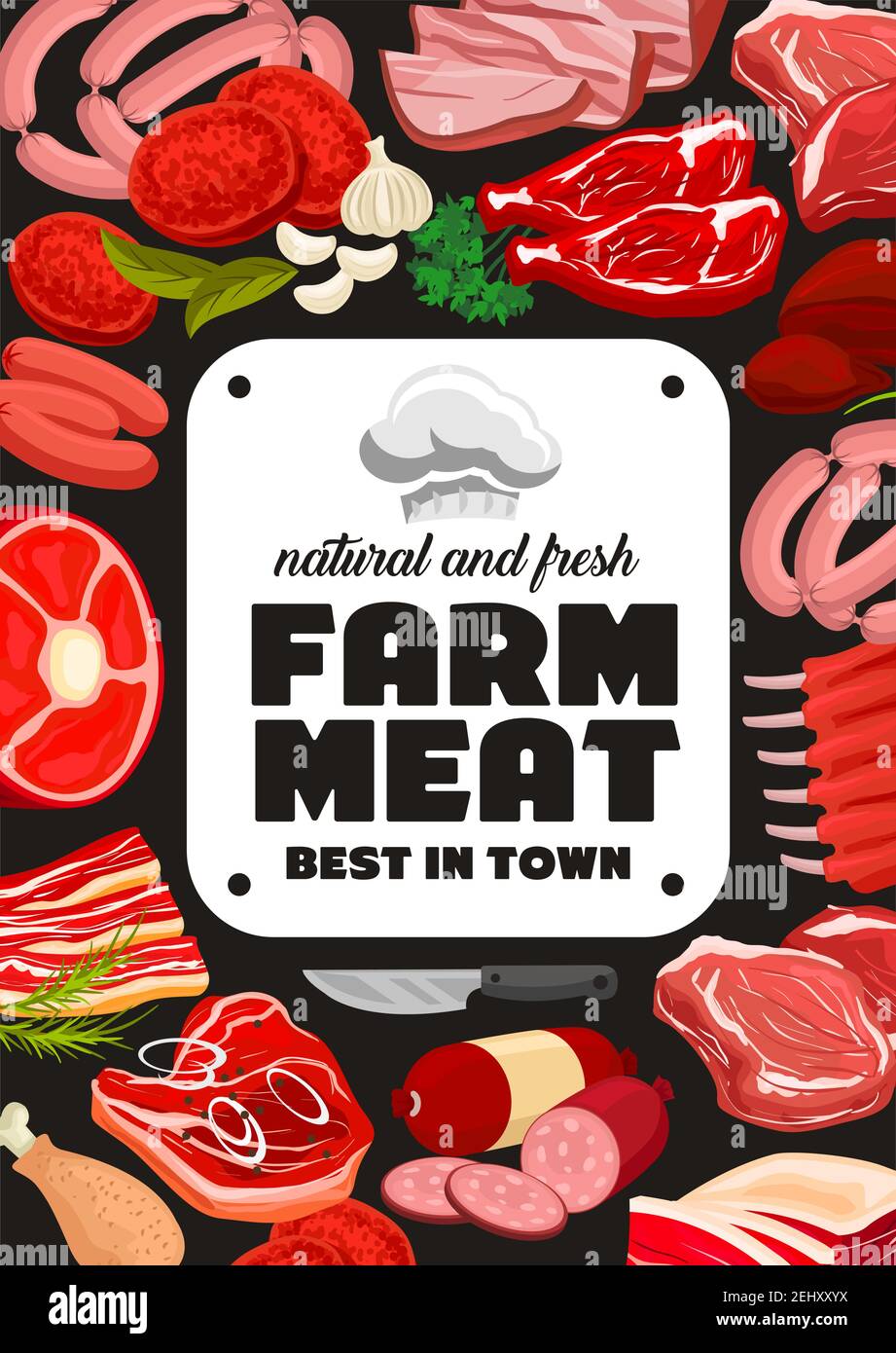 Meat products, butchery shop poster. Vector sausages and grocery store ...