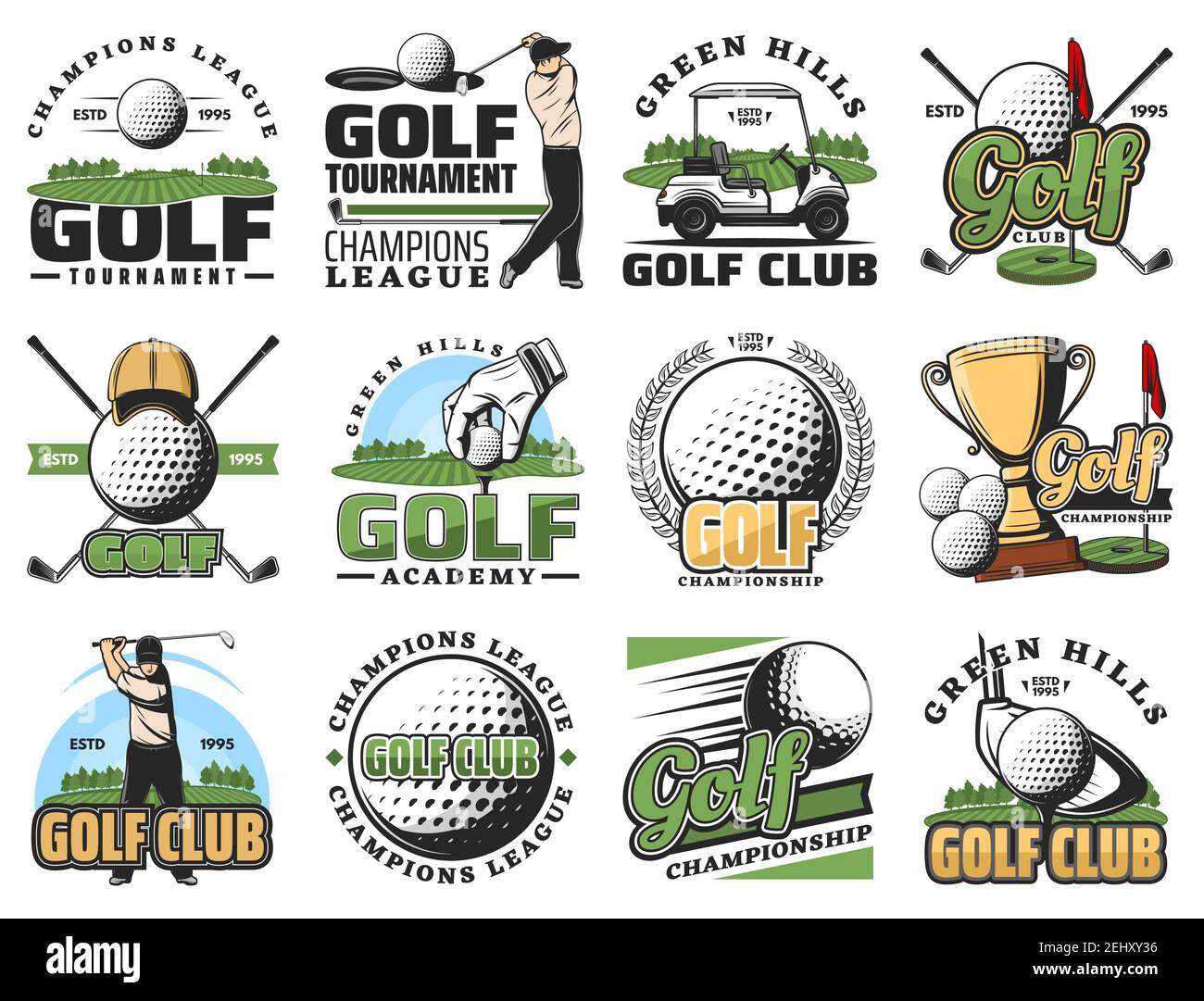 Golf sport game symbols and equipment icons. Vector golfer and ball ...