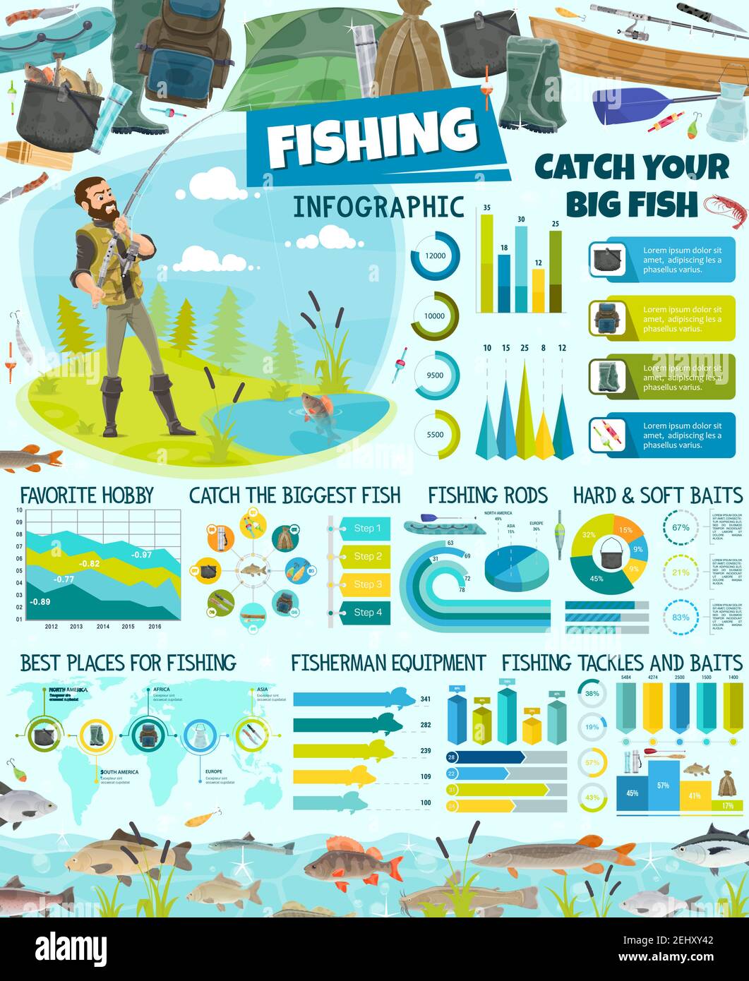 Fishing sport infographic, fishery equipment and tackles, fisherman and ...