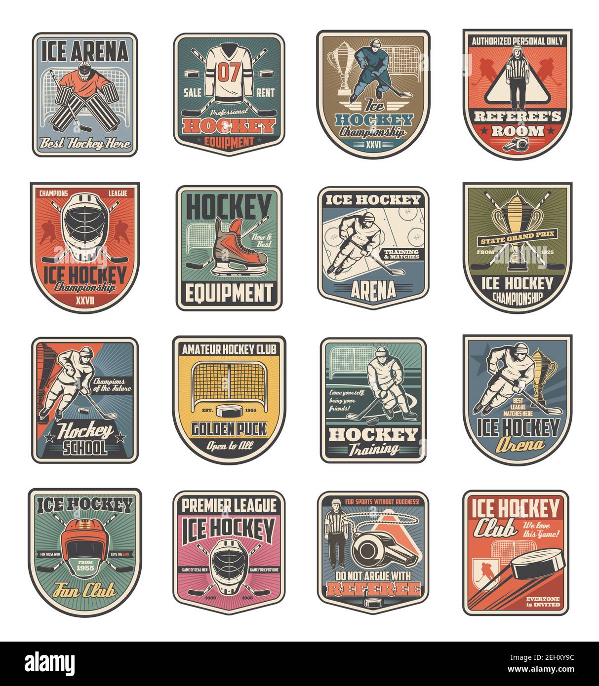 Ice hockey sport icons with players in uniform and sporting items ...