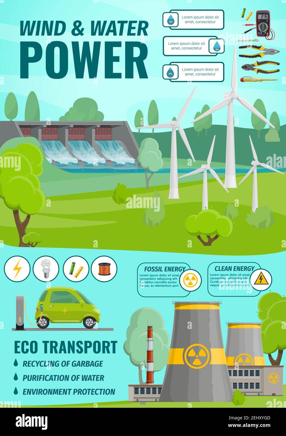 Clean energy, electric power industry and power plants. Vector water ...