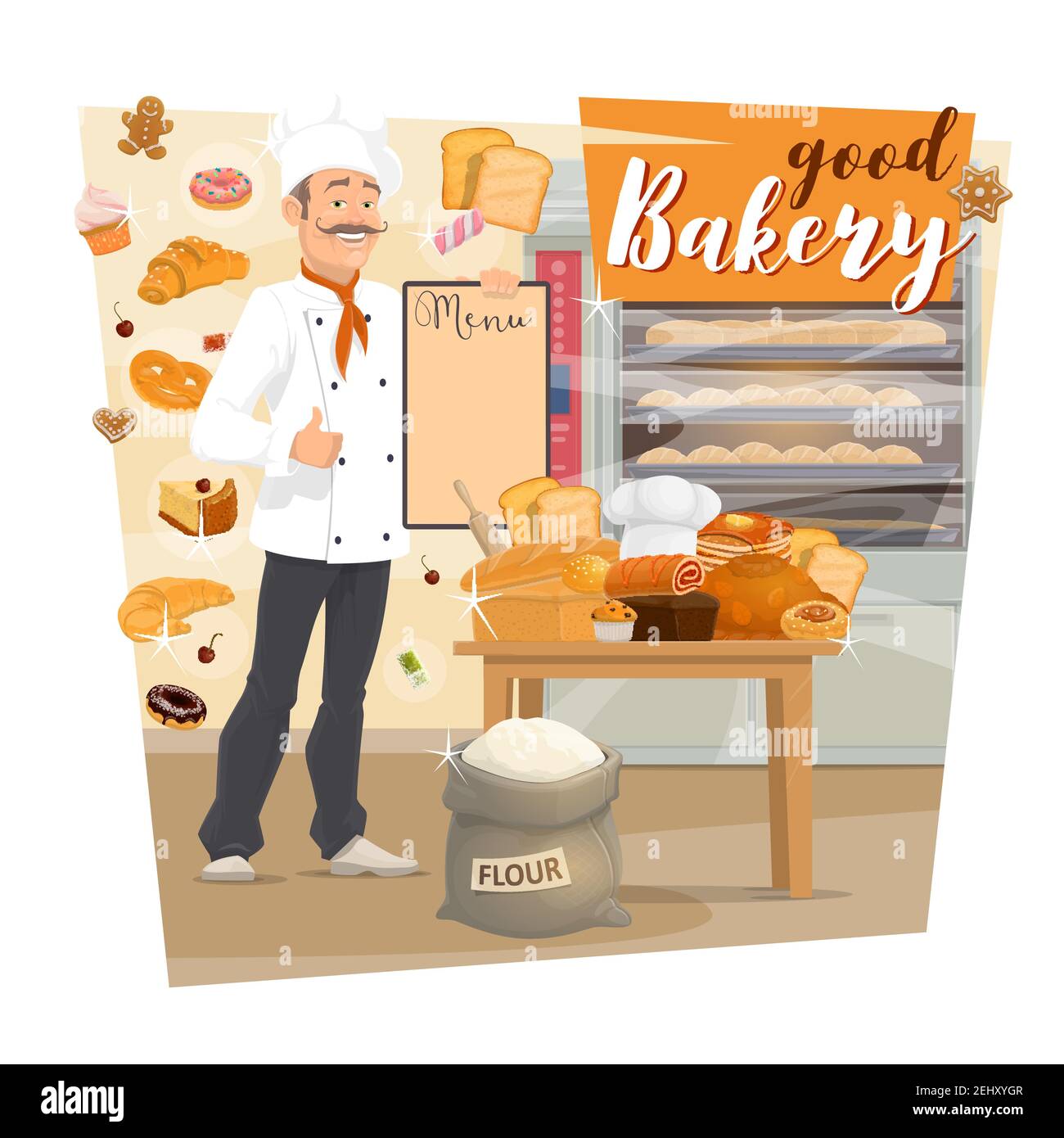 Baker with menu and pastry food at bakery shop. Vector bread and ...