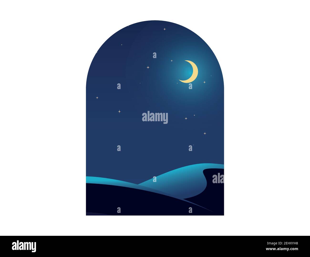 Arabian Arch Night Desert Landscape Illustration Starry Sky, Moon, Dune ...