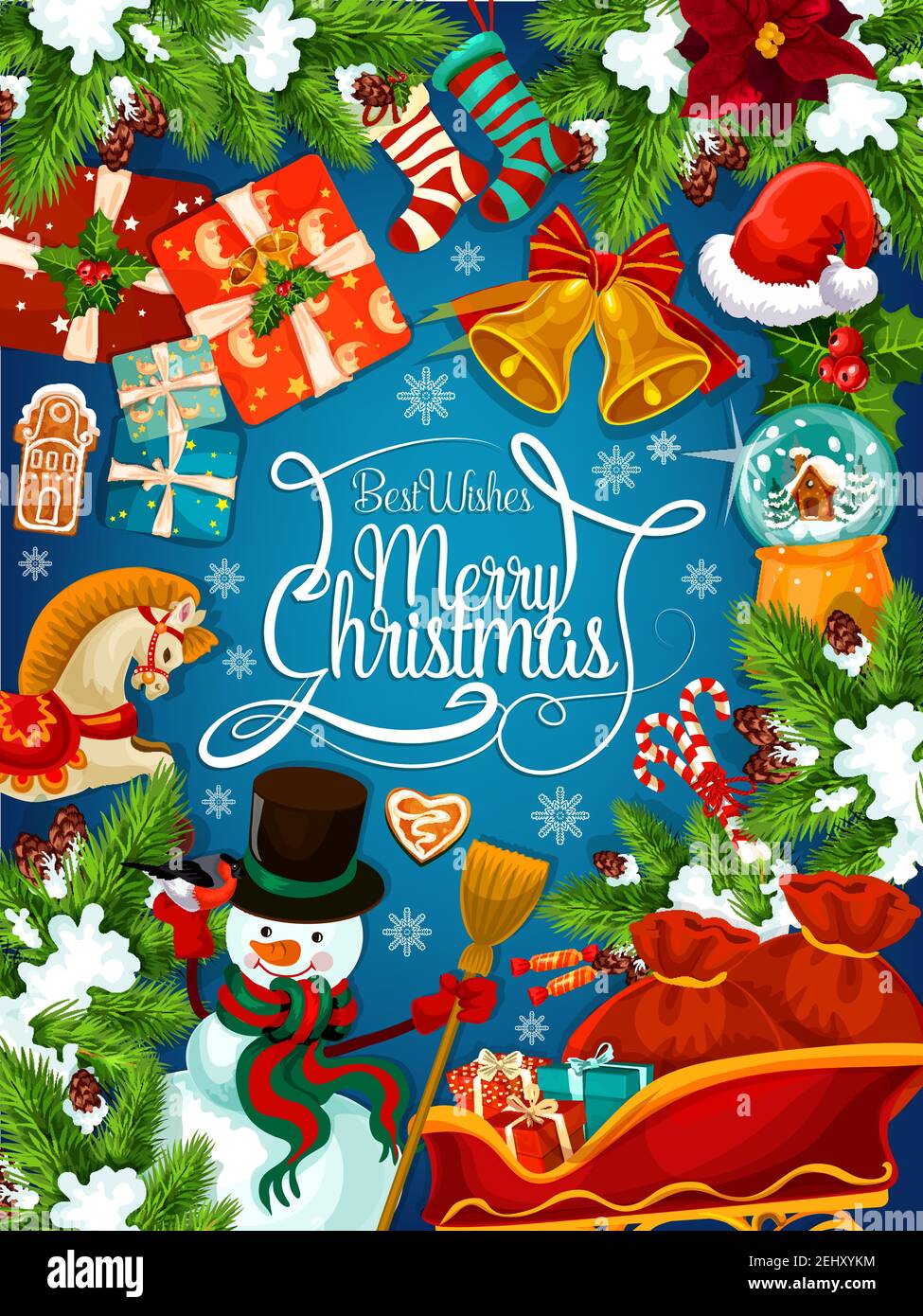 Merry Christmas festive poster with Santa sleigh and gift. Snowman ...