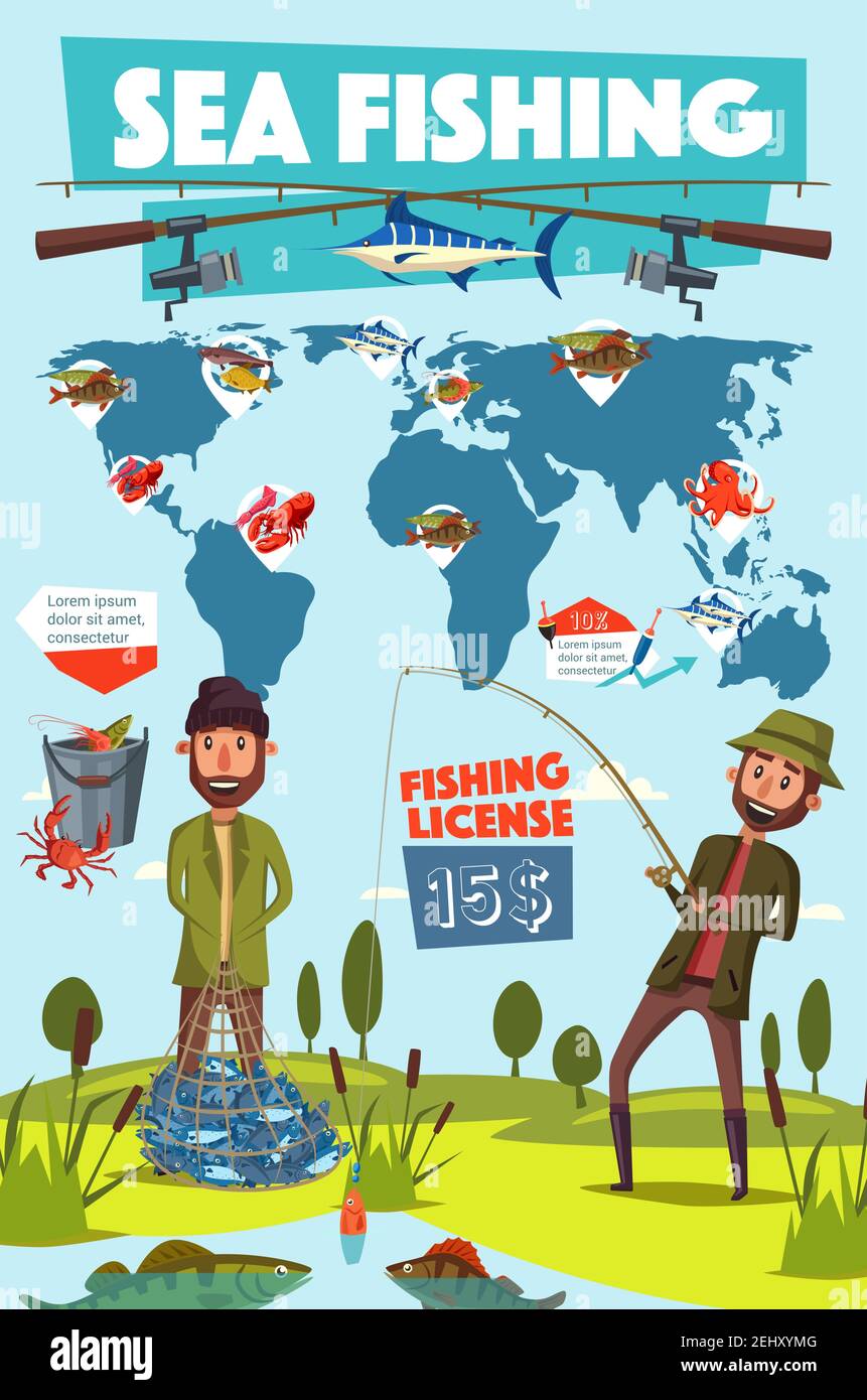 Sea fishing sport, fisherman with rod and net full of fish. Vector map ...