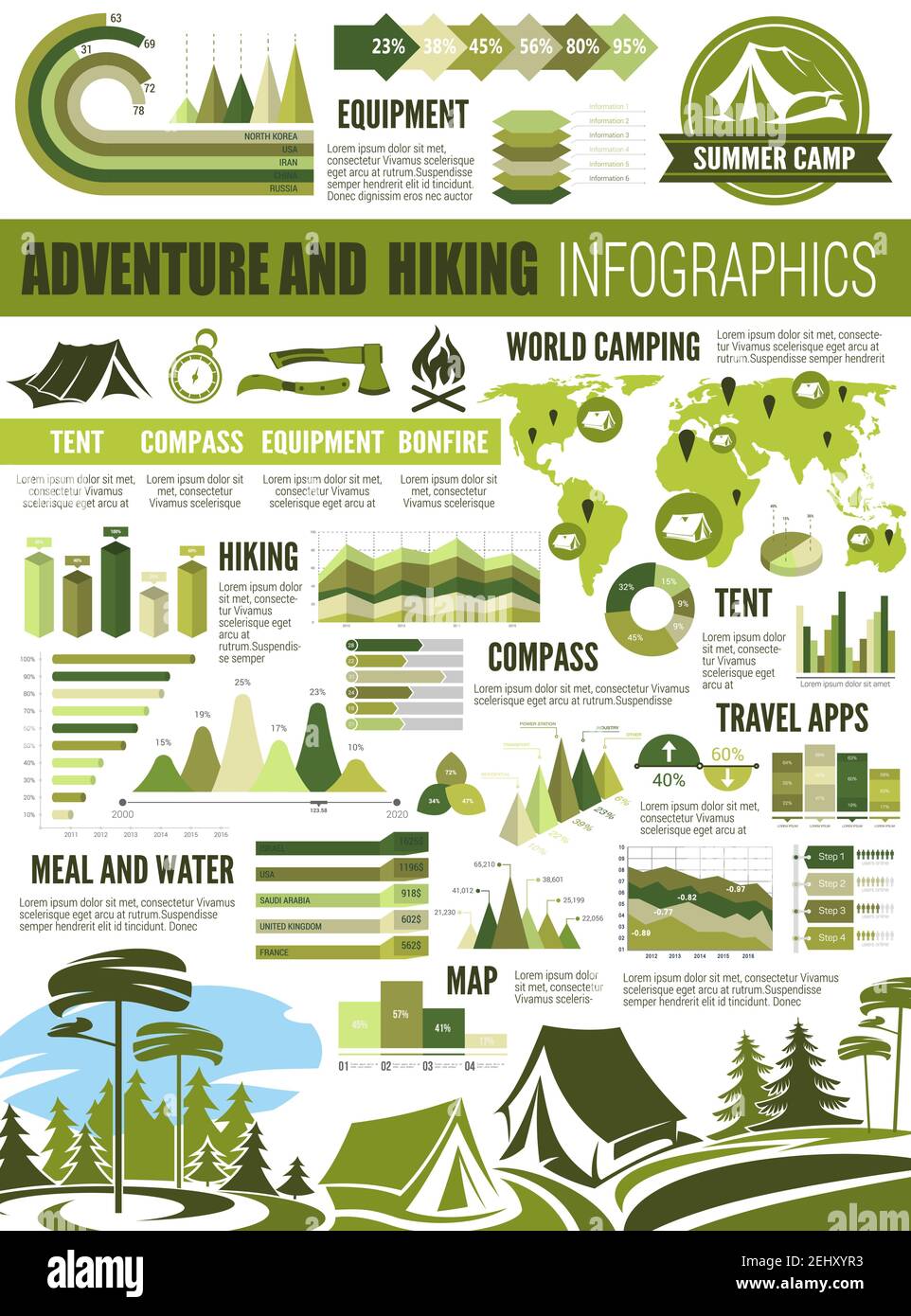 Tourism, hiking travel or mountaineering and camping adventure ...