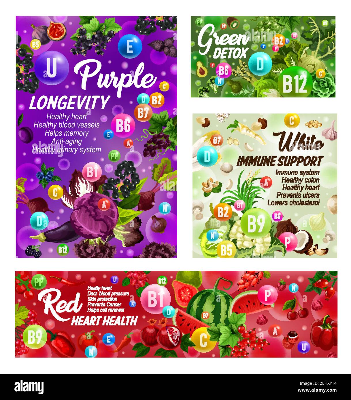 Rainbow diet and healthy food nutrition. Vector color diet vitamins and ...