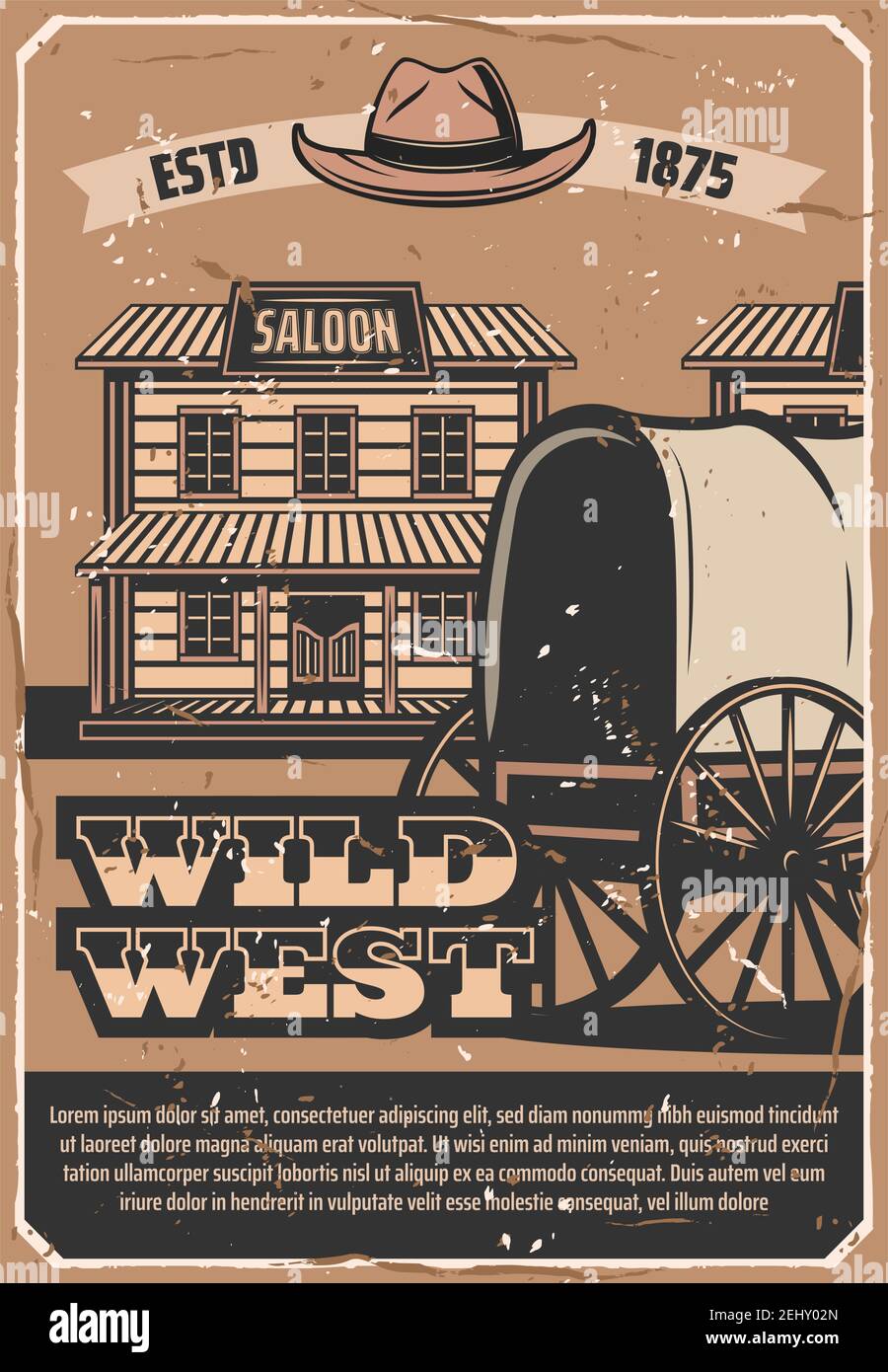 Wild West vintage poster of cowboy saloon and horse wagon cart or ...