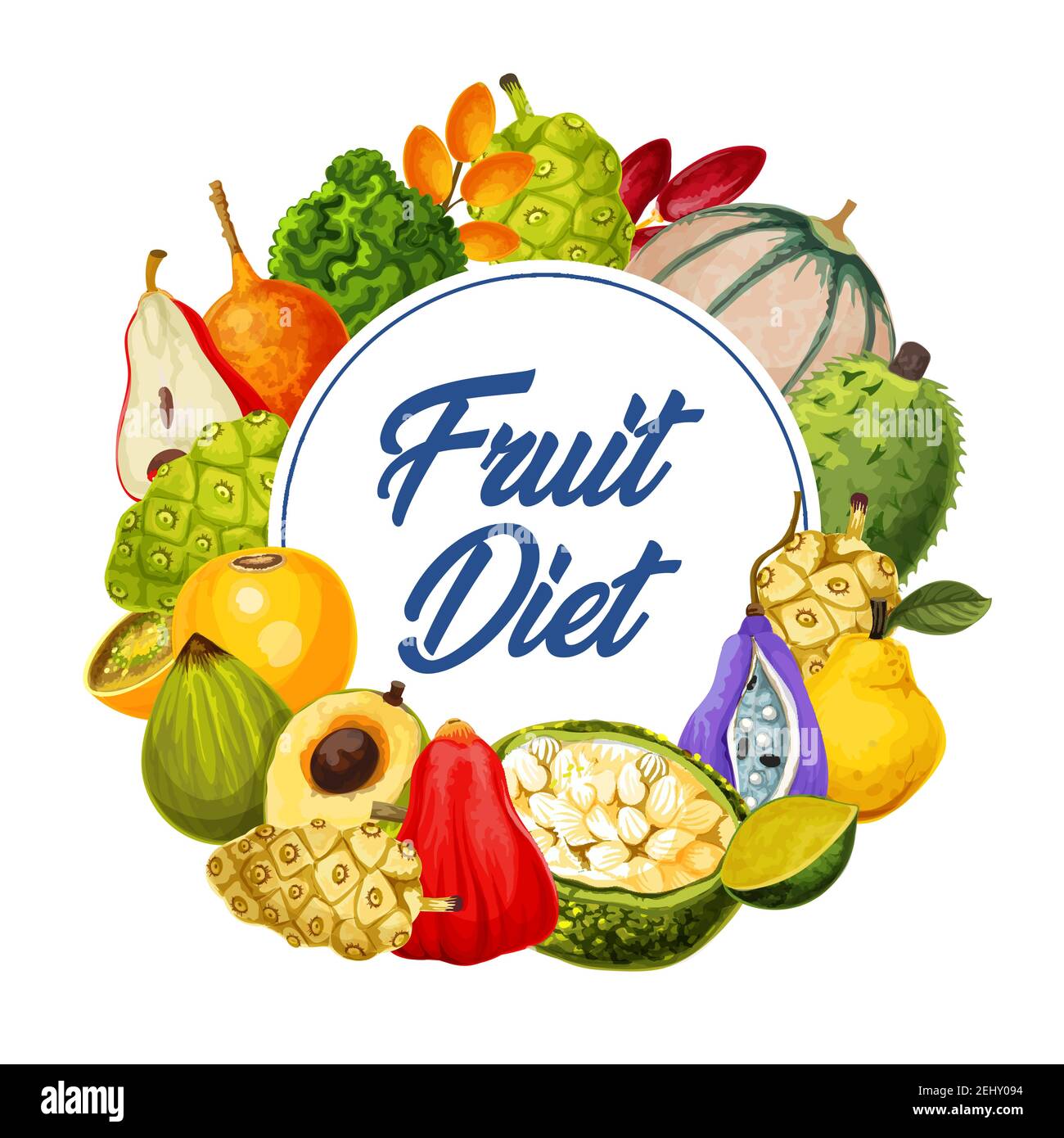 Exotic fruits harvest tropical natural juicy fruit food. Vector tropic ...