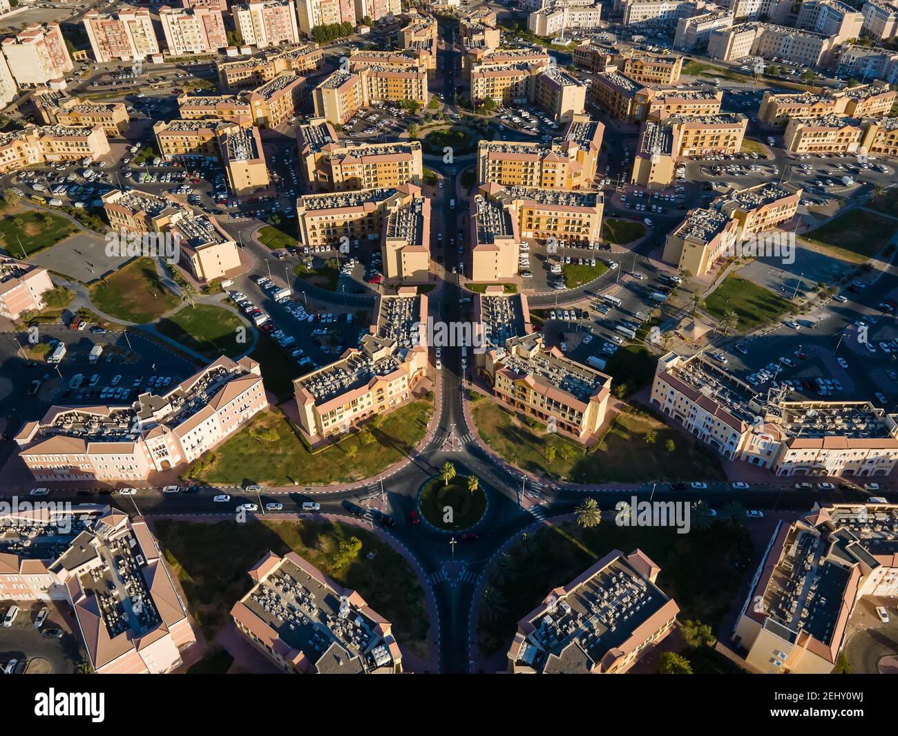 Aerial view of International City in Dubai, United Arab Emirates ...