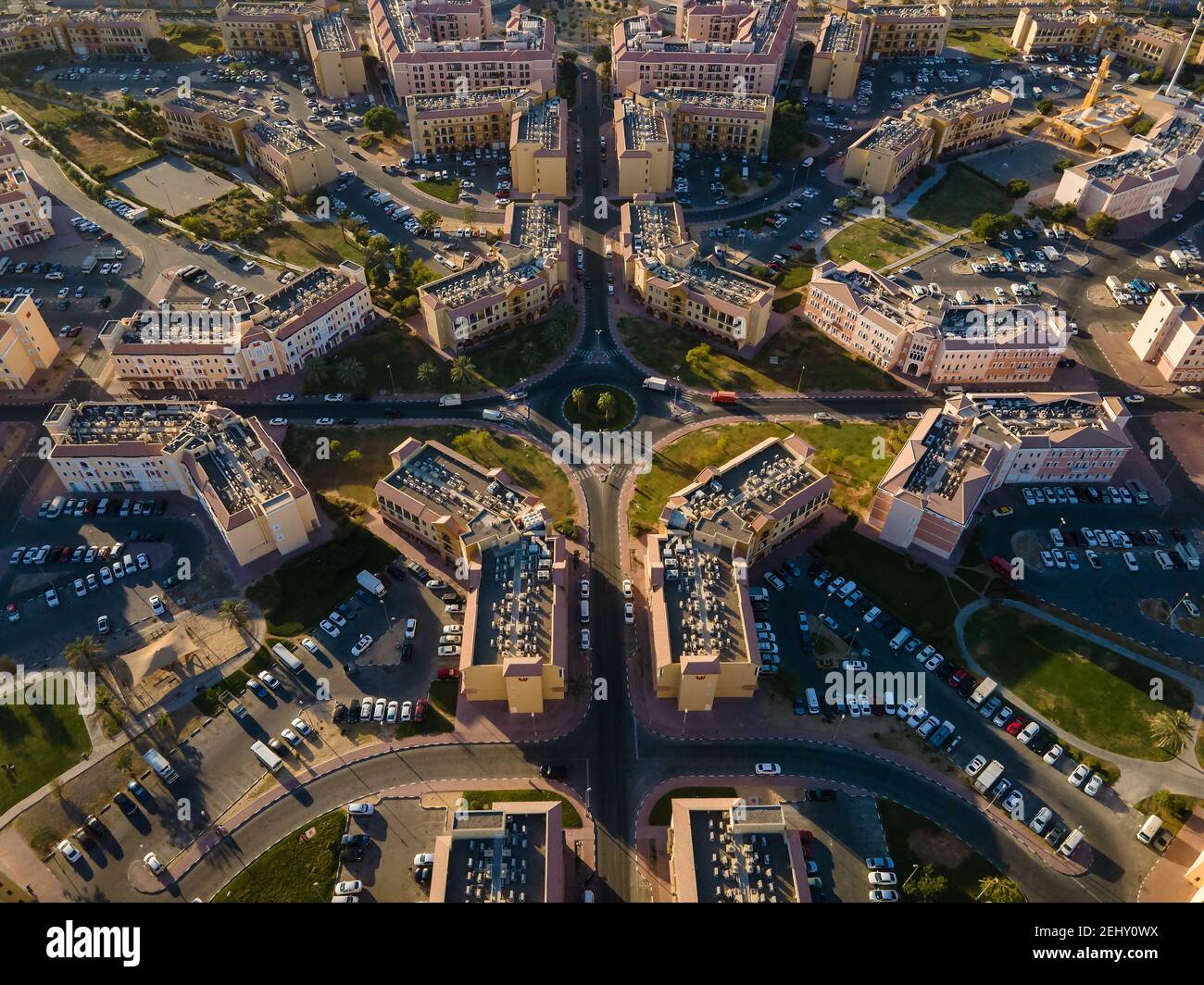 Aerial view of International City in Dubai, United Arab Emirates ...