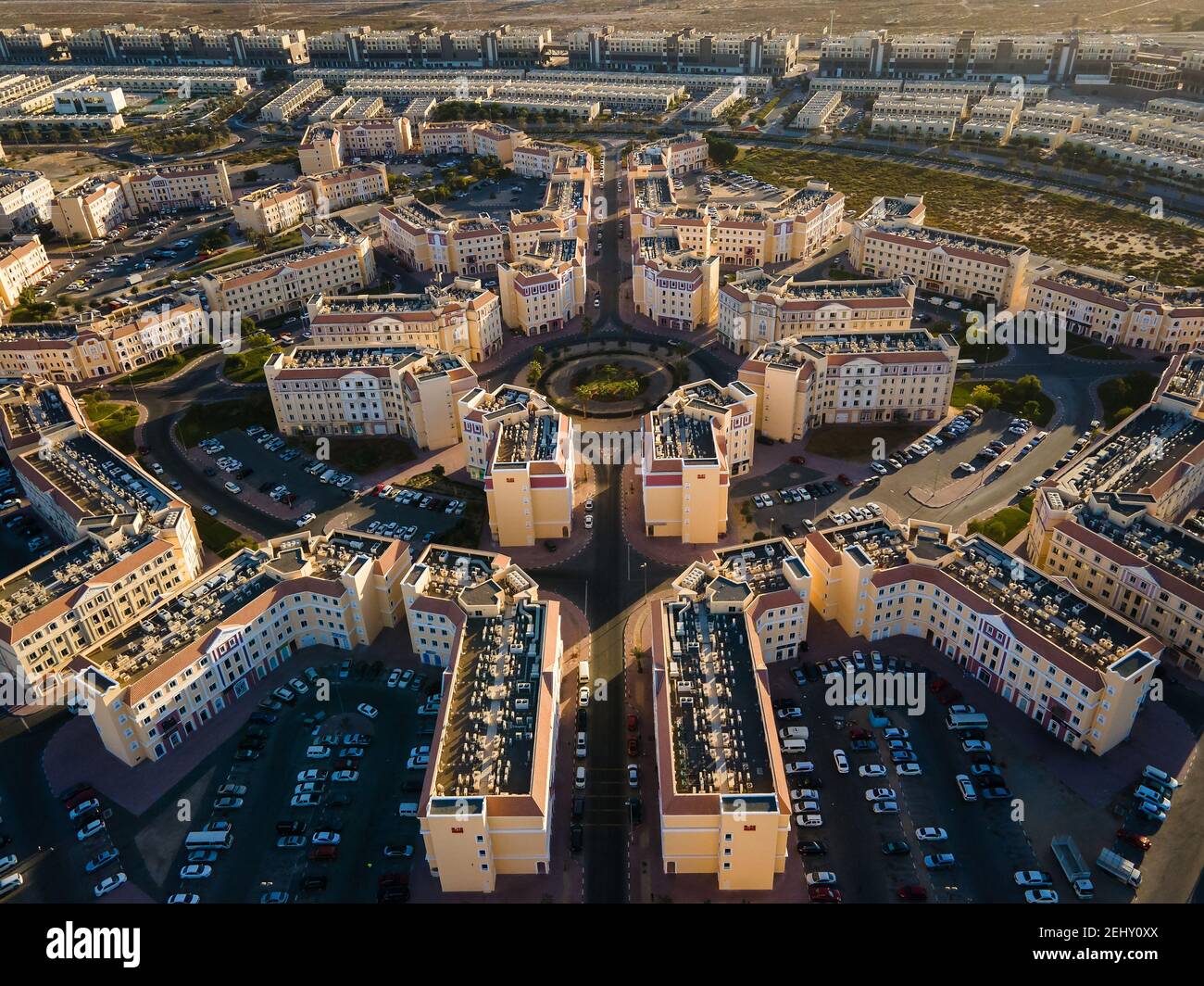 Aerial view of International City in Dubai, United Arab Emirates ...