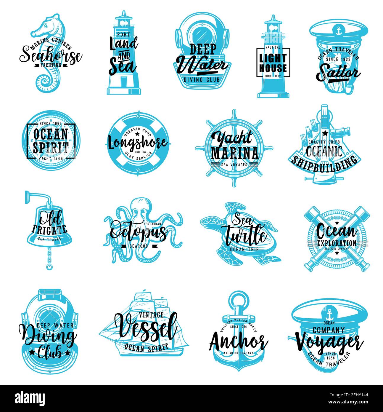 Nautical and marine icons with lettering, heraldry. Vector seahorse and ...