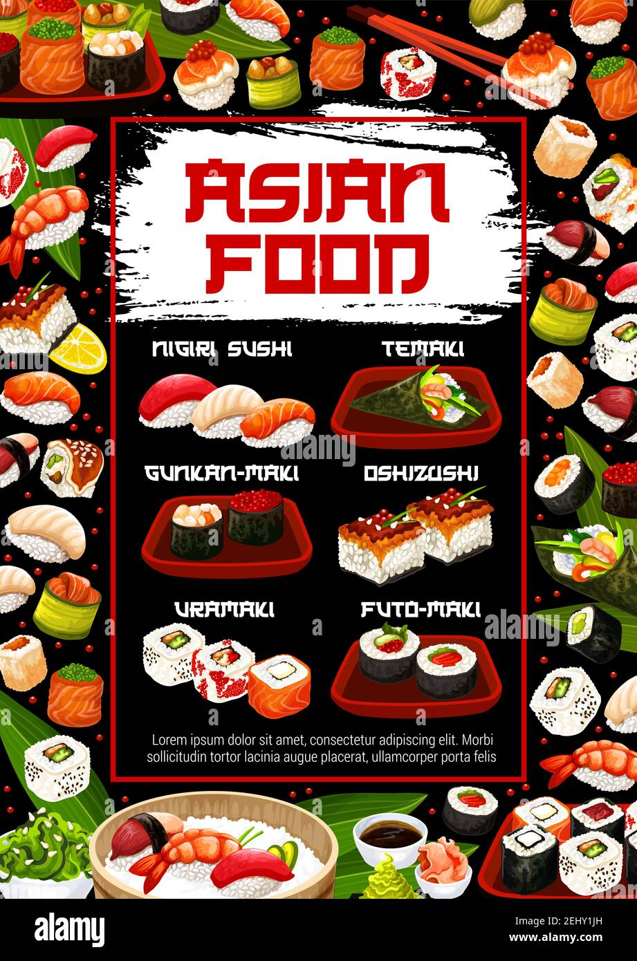 Sushi menu, roll types, Japanese cuisine. Vector nigiri sushi and ...