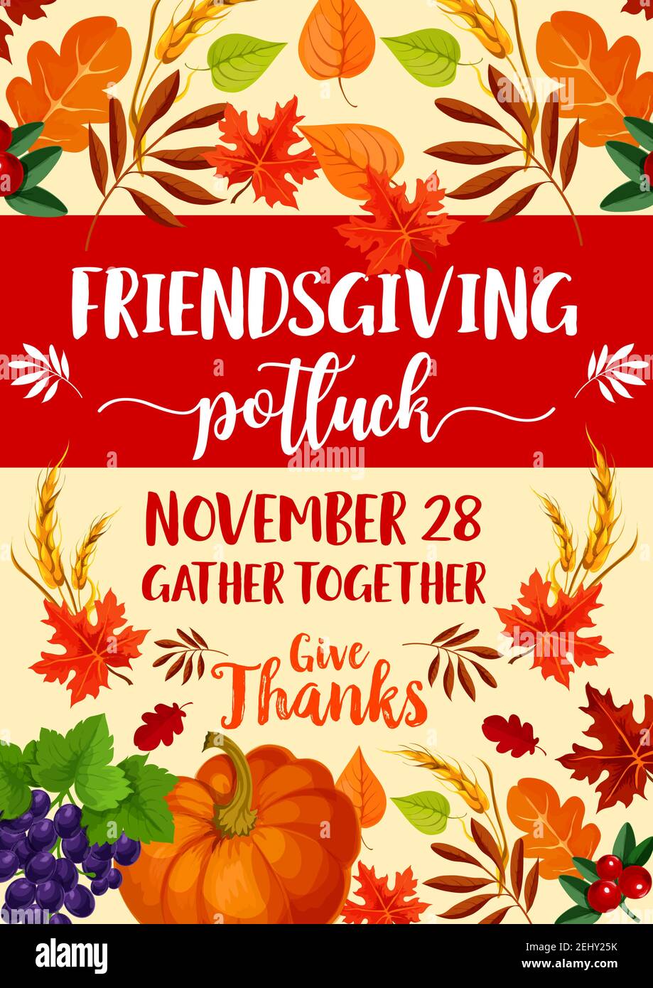 Friendsgiving potluck dinner with Thanksgiving holiday symbols. Vector ...