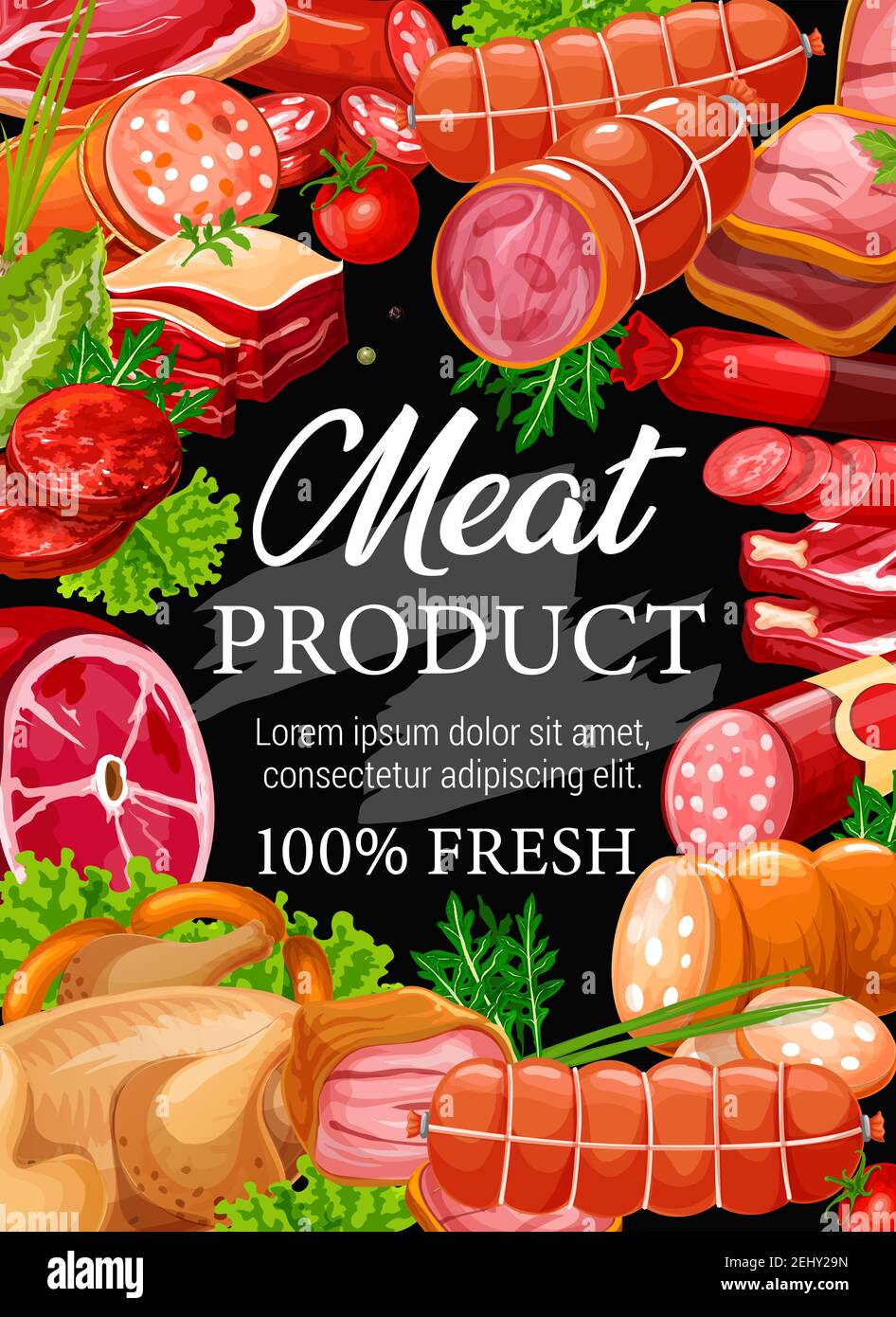 Meat frame, butchery vector food. Beef and pork sausage, ham and salami ...