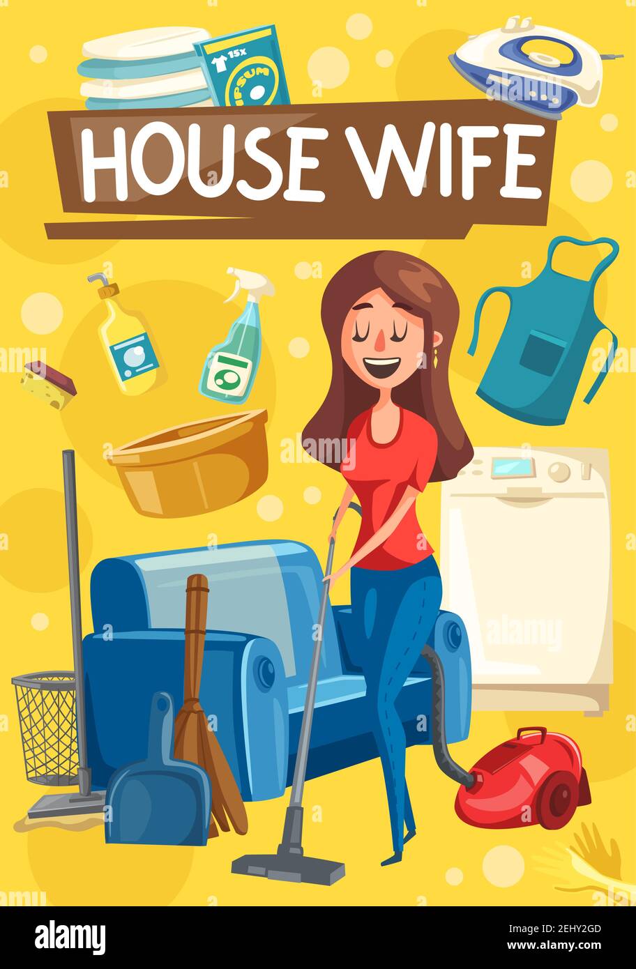 House wife doing housework or household chores with cleaning tools ...