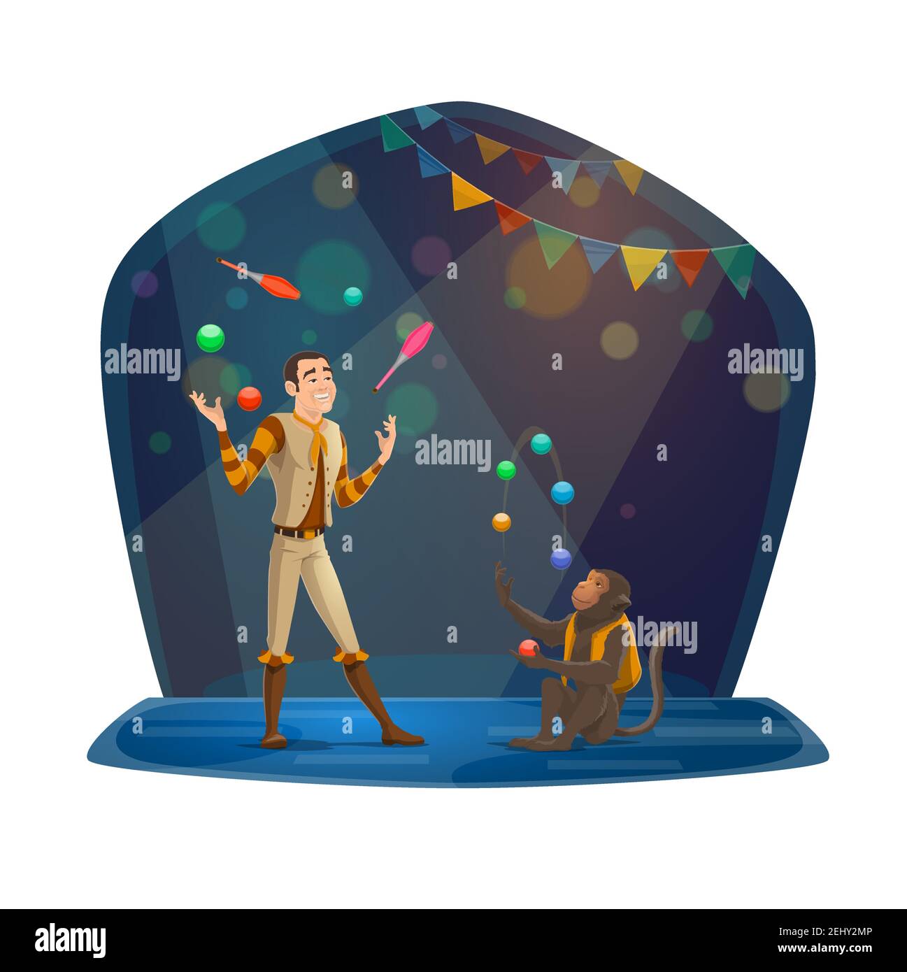 Circus jugglers, man and monkey, chapiteau show. Vector entertainment ...