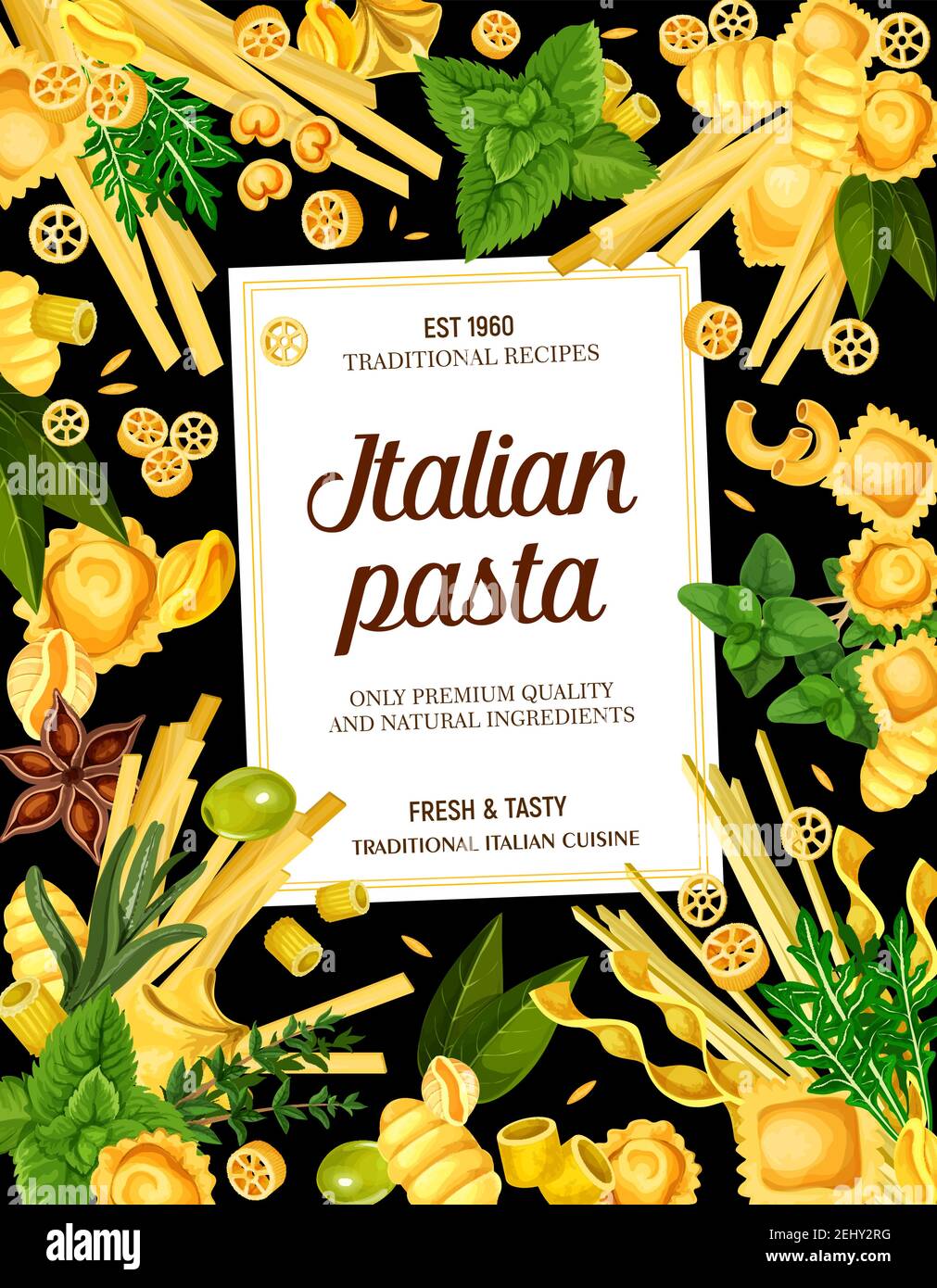 Italian pasta menu. Vector rotelle and ravioli, gnocchi, rigatoni ...
