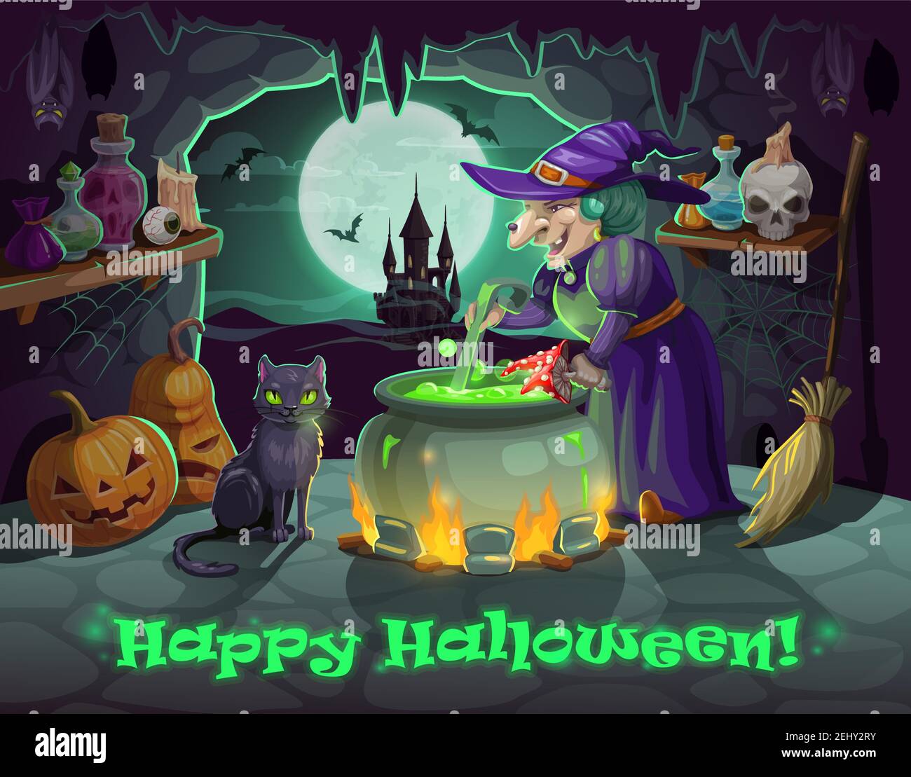 Halloween holiday, witch and black cat, cauldron with potion. Vector ...