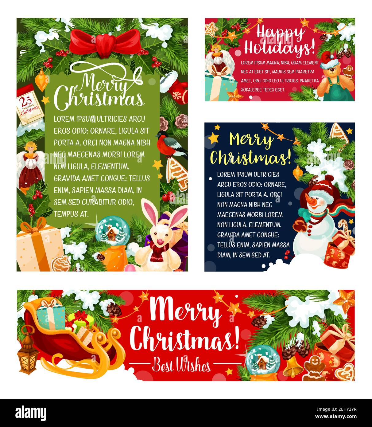 Christmas holiday card with greeting wishes. Santa sleigh with gift bag ...