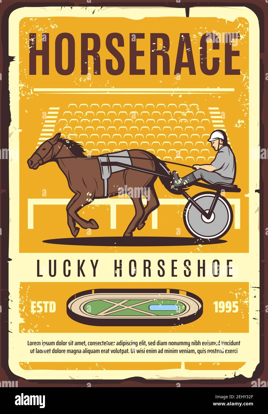 Harness racing equestrian sport, retro vector poster of trotter horse ...