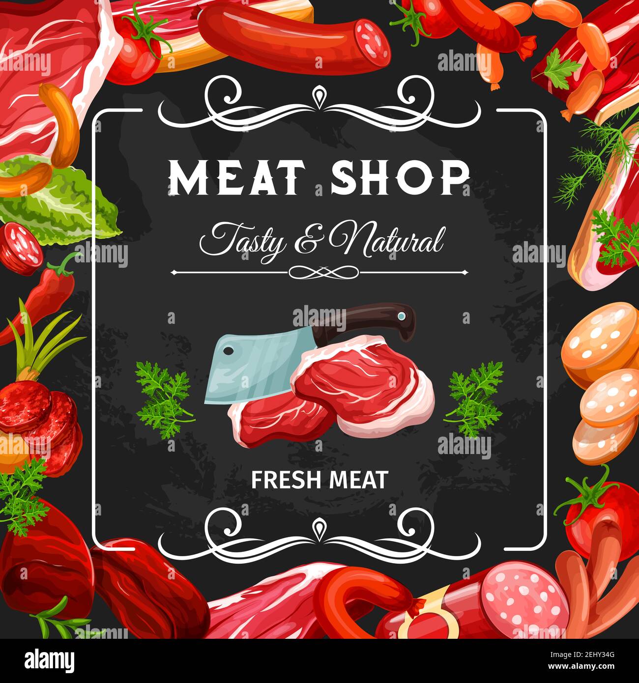 Meat shop blackboard, sausages and meat products frame. Vector beef ...
