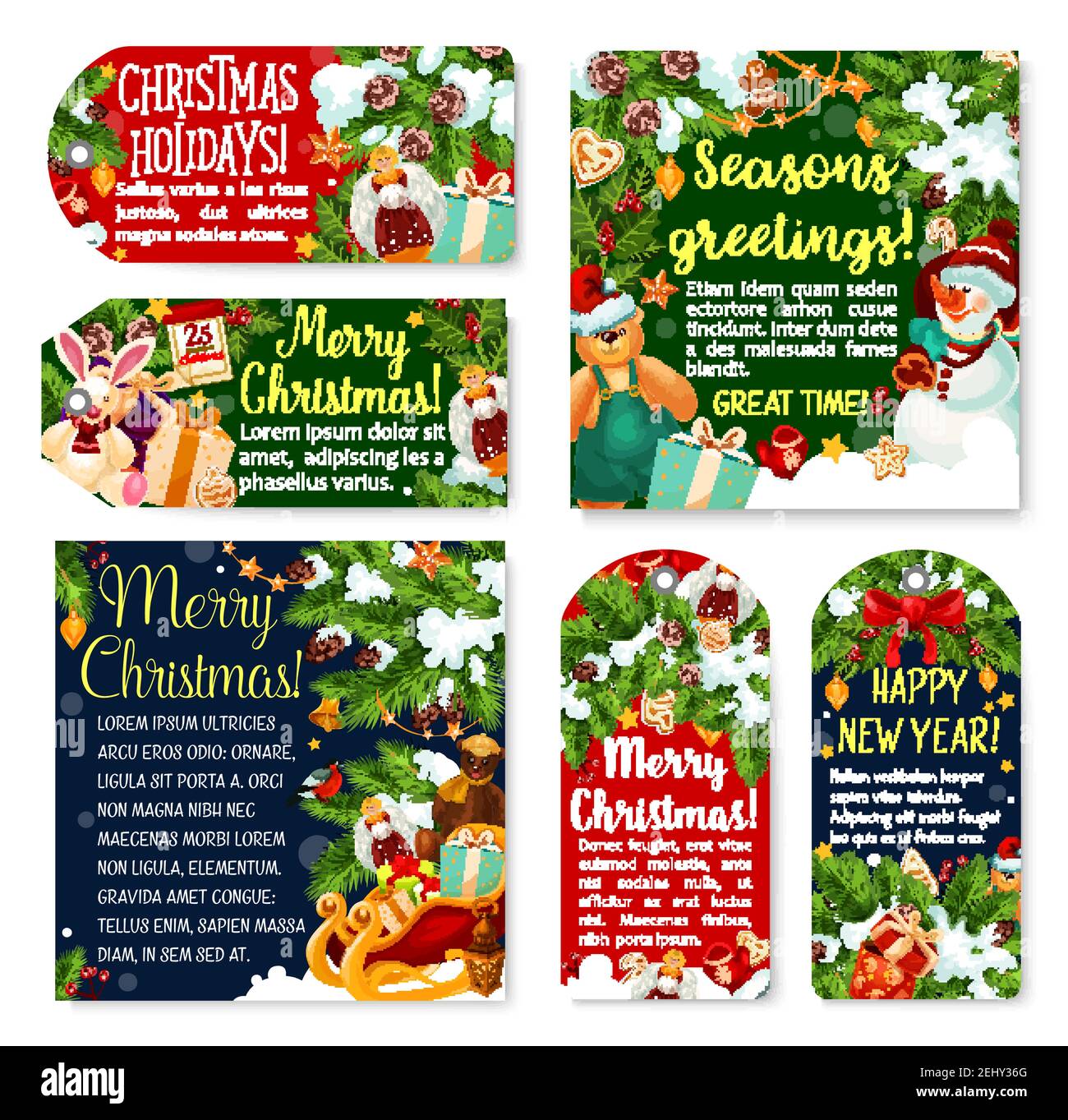 Christmas gift tags and labels, winter holidays. Xmas tree, adorned ...
