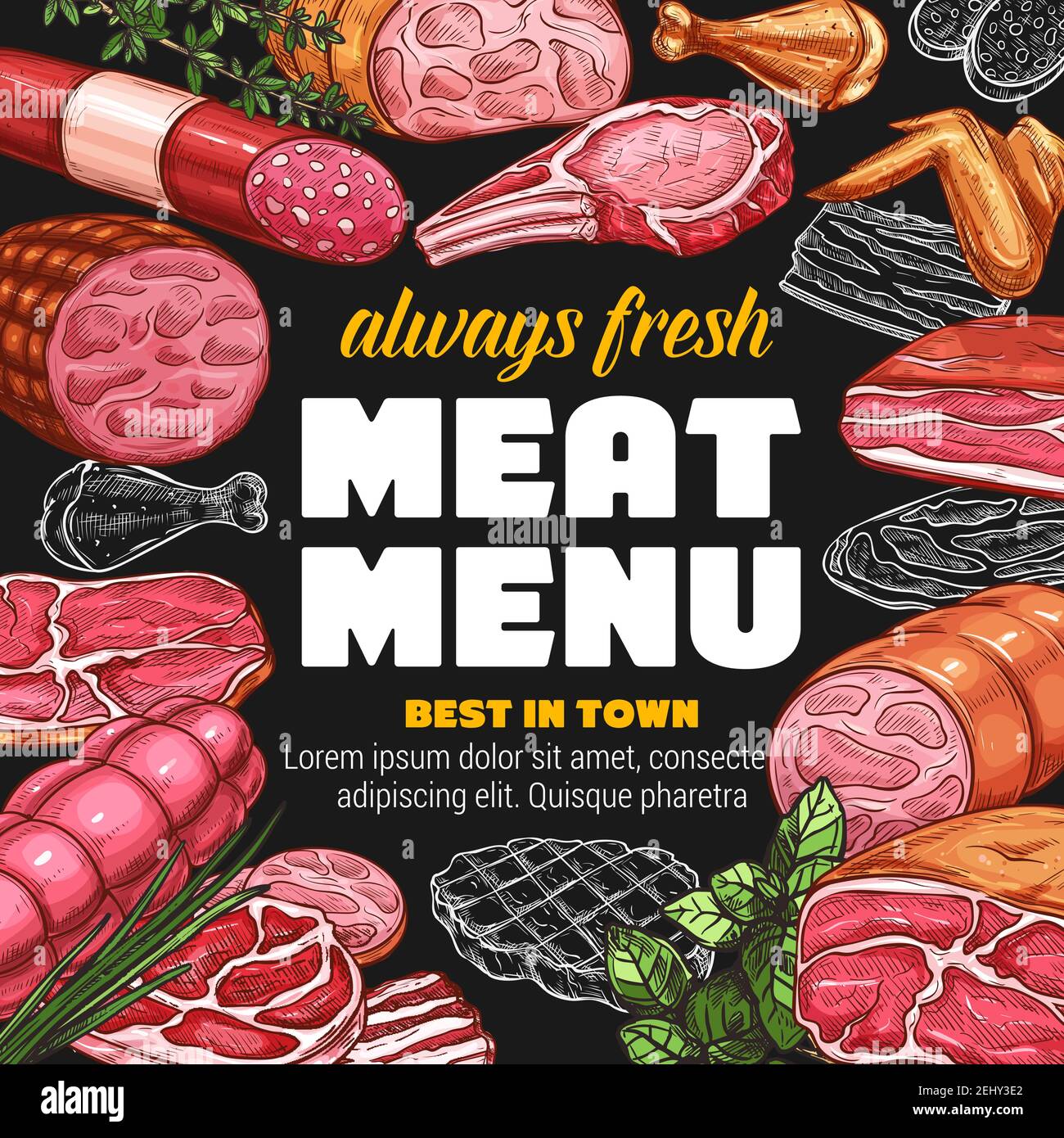 Butcher shop meat products and sausages sketch menu design. Vector farm ...