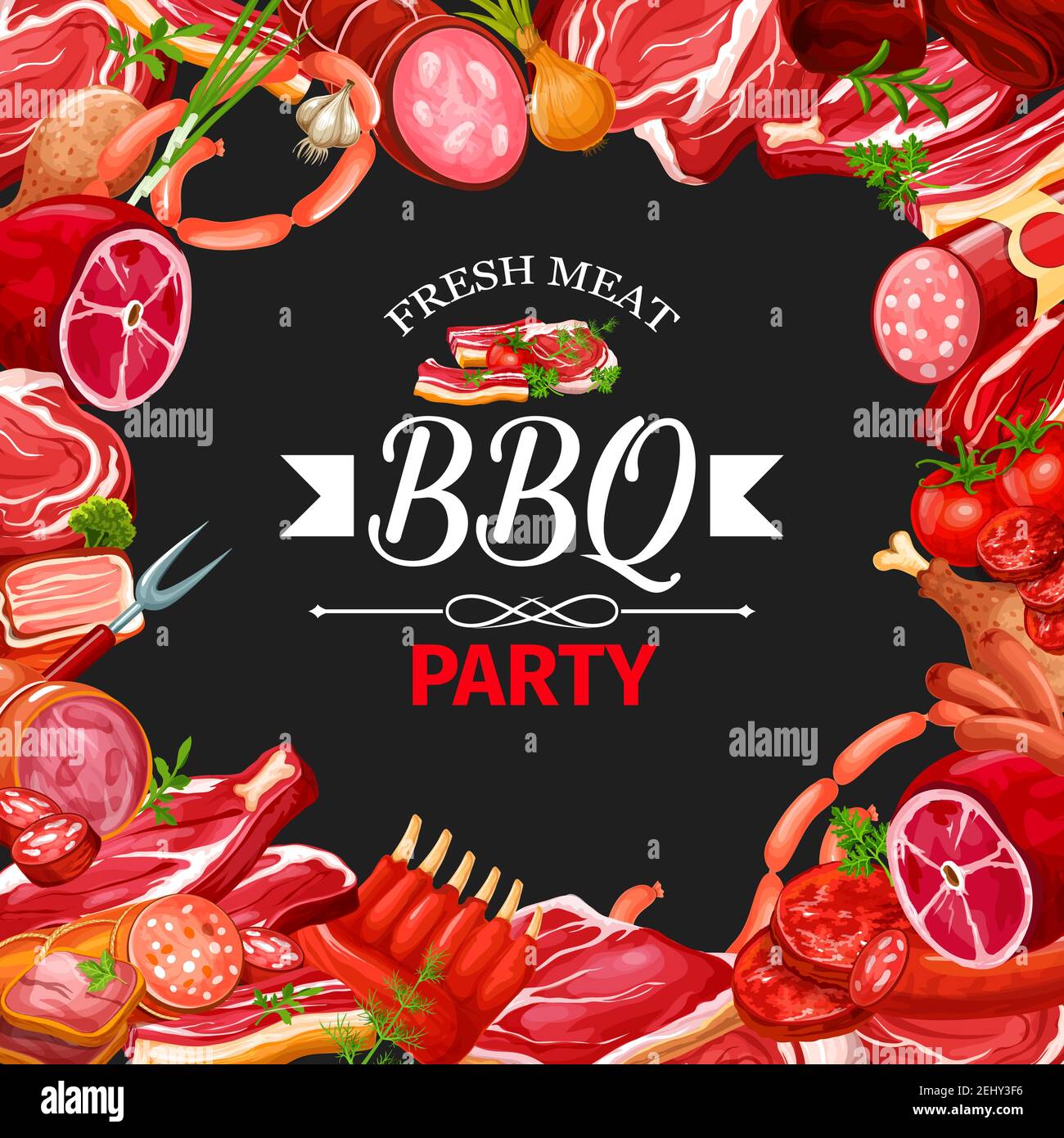 Meat and sausage frame, butcher shop, bbq party. Beef and pork, ham and ...